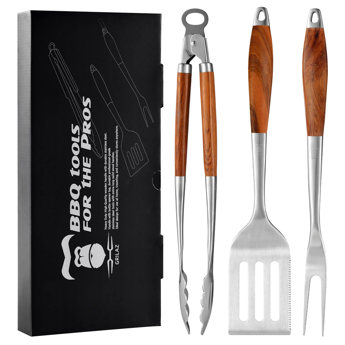 GRILAZ Heavy-Duty Rose Wooden BBQ Grilling Tools Set. Extra Thick Stai ...